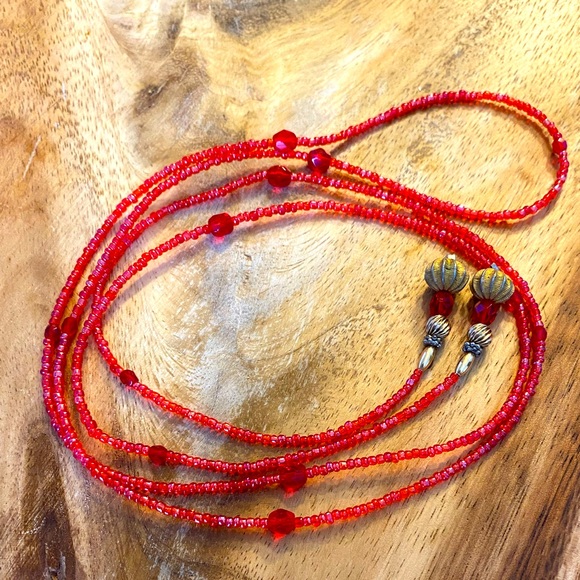 Jewelry | Long Red Beaded Necklace Strand With Gold Beads At The End ...